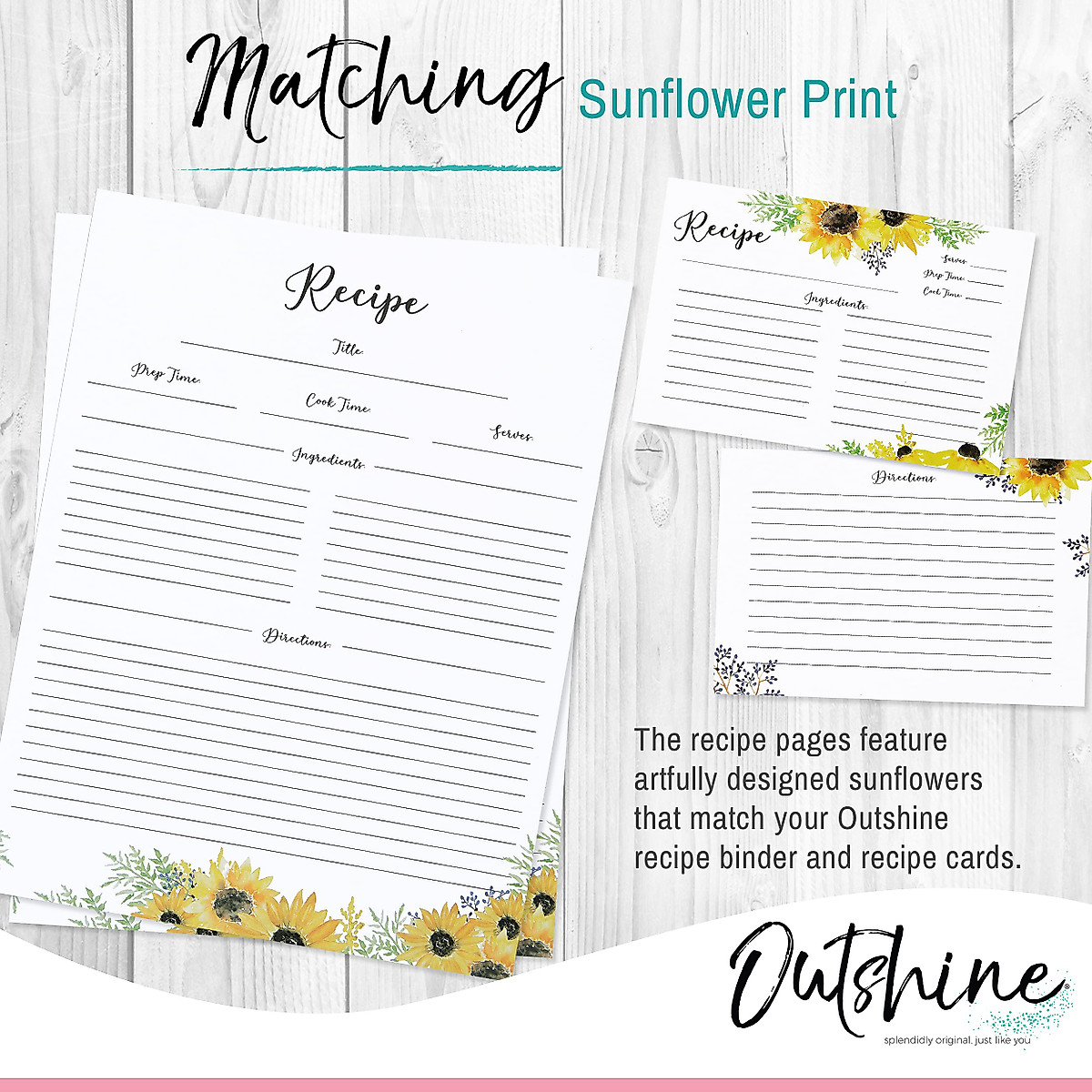 Outshine Premium Recipe Paper for 8.5" x 11" Recipe Binders, Sunflower Design (50 Sheets) | Refill Pages for Recipe Binder | No-Smear Matte Paper | Great Gift for Mom, Sister, Daughter, Friend