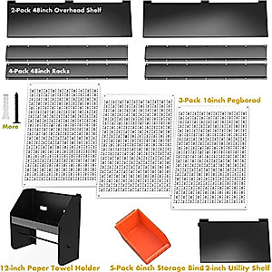 TORACK Pegboard Wall Organizer 4 ft. Garage Metal Pegboard Organizer Utility Tool Storage Kit with Toolboard Hooks Accessories, Wall Mounted Storage Bins, Paper Towel Holder, Overhead Shelf