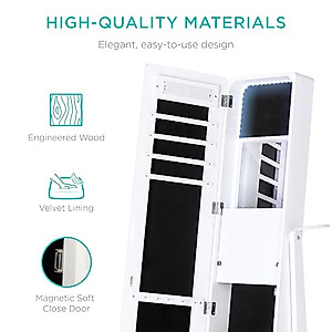 Best Choice Products Standing Full Length LED Mirror Jewelry Makeup Storage Organizer Cabinet Armoire w/Lights, Touchscreen, Pop-Up Shelf, Velvet Lining, 4 Compartments, Drawer - White