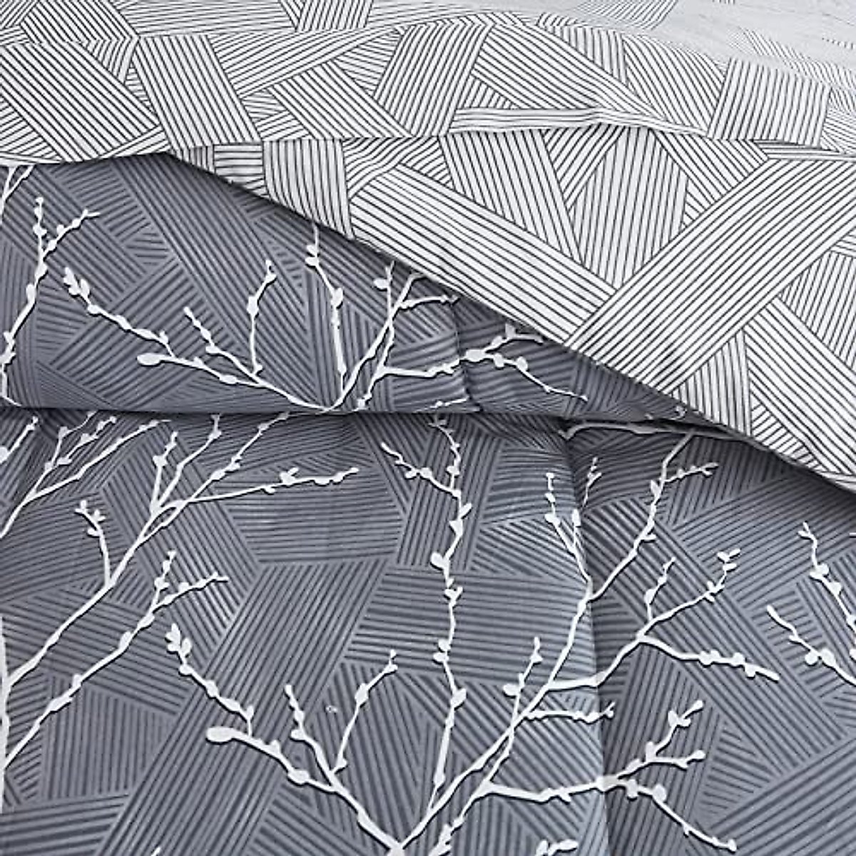 UOZZI BEDDING Cotton Gray Comforter Sheet Set Queen Size 7 Pieces Bed in a Bag with White Branch Soft Bed Set (1 Comforter 2 Pillow Shams 1 Flat Sheet 1 Fitted Sheet 2 Pillowcases)