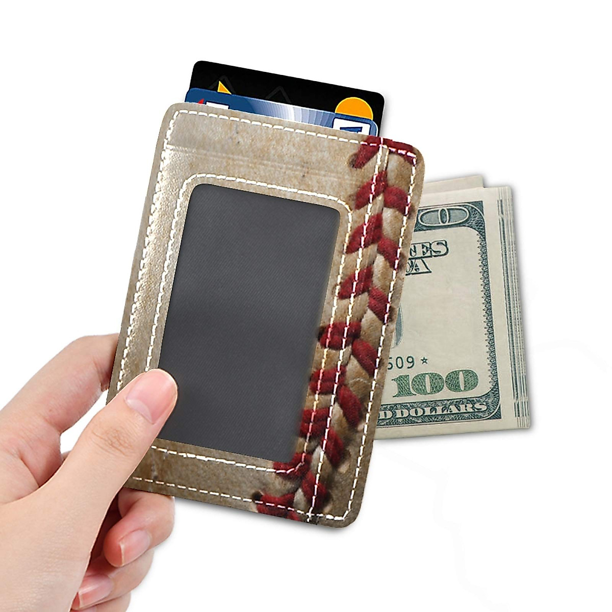 Linomo Thin leather Card Holder and Money Clip Vintage Baseball Sport Ball Wallet RFID Blocking for Men & Women