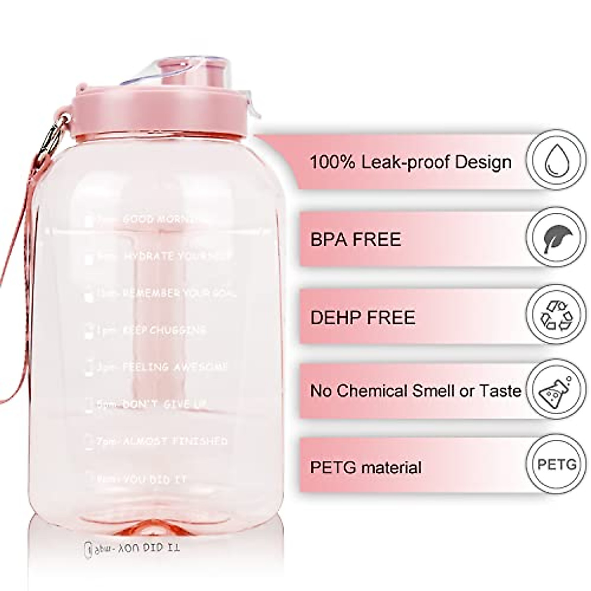 OTTEN Gallon Water Bottle with Time Marker - Water Bottles with Bottle Brush, Reusable Tritan Gym Water Bottle with Handle, BPA Free Leak Proof Water Jug (Pink, 128 Ounces)