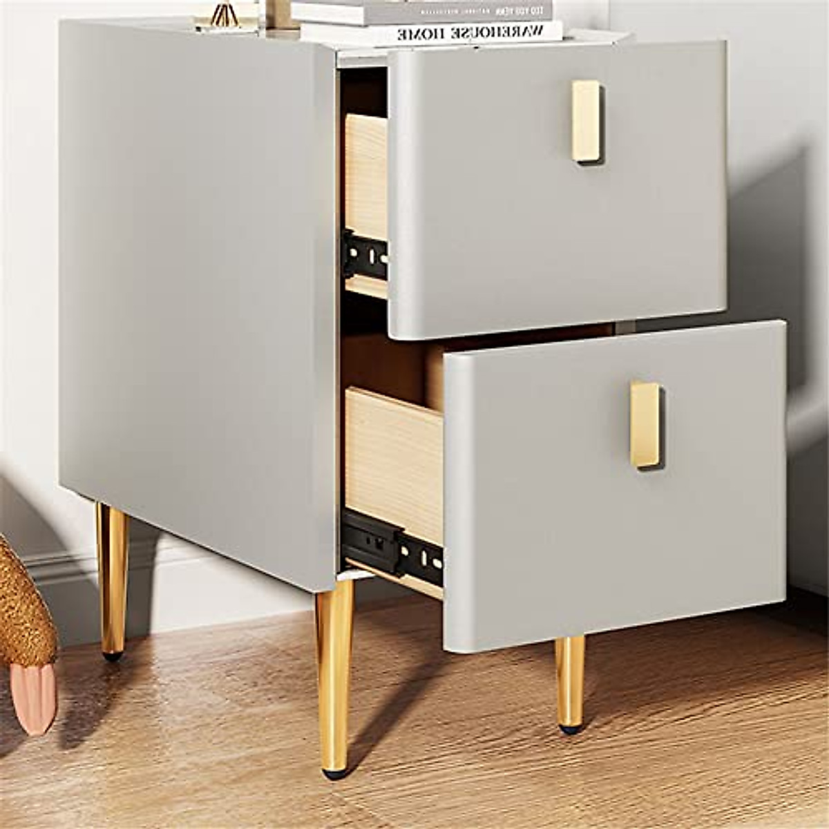 NIUYAO Nightstand Modern Solid Wood with 2-Drawer Storage Bedside Table Marble Top Practical End Side Table Bedroom Furniture -White/Gold 10" L x 16" W x 20" H