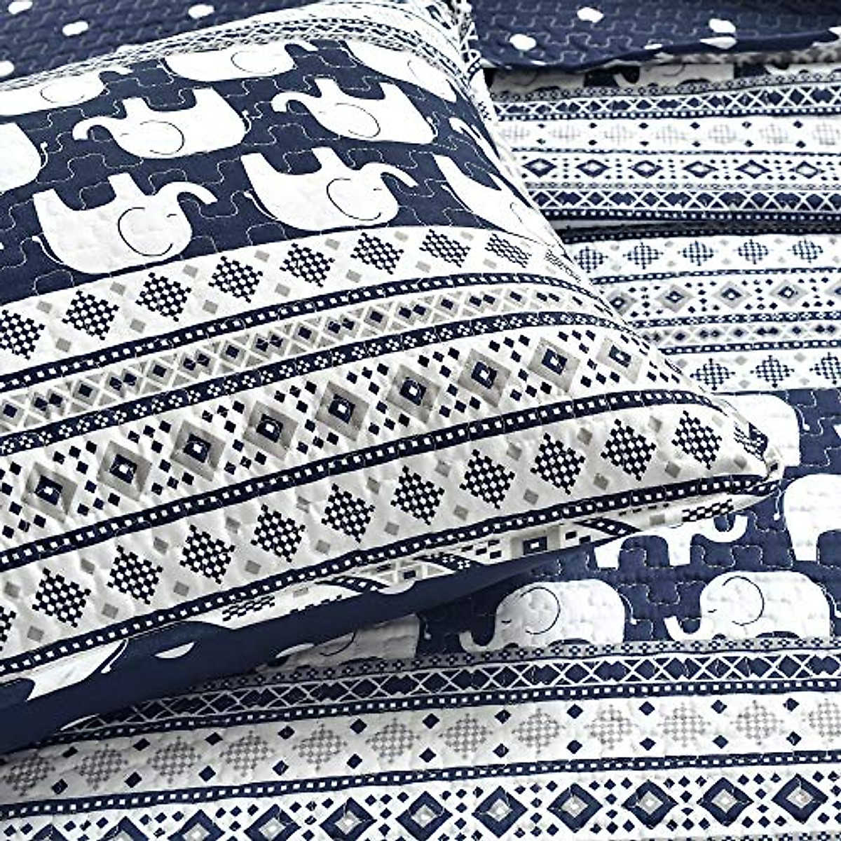 Lush Decor Elephant Stripe 5 Piece Quilt Set, Navy, Full Queen