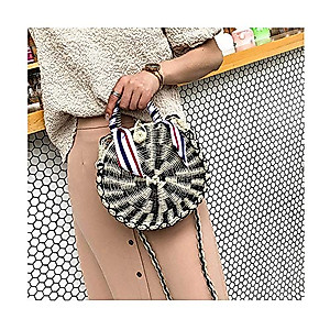 QTKJ Women Straw Summer Beach Tote Bag Hand-woven Round Rattan Bag Cross Body Bag Shoulder Messenger Satchel (Black&Beige)