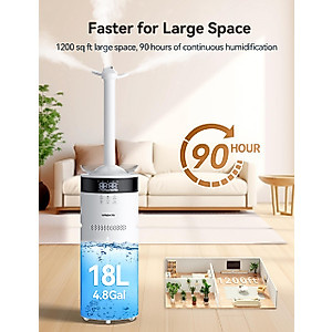 VAGKRI Humidifiers for Large Room, 18L Ultrasonic Cool Mist Humidifier for Home 1200 sq ft, 5 Mist Levels, Auto Mode, Whole House Humidifiers with 2 Extended Tube Quiet Humidifiers for Baby Home Plant
