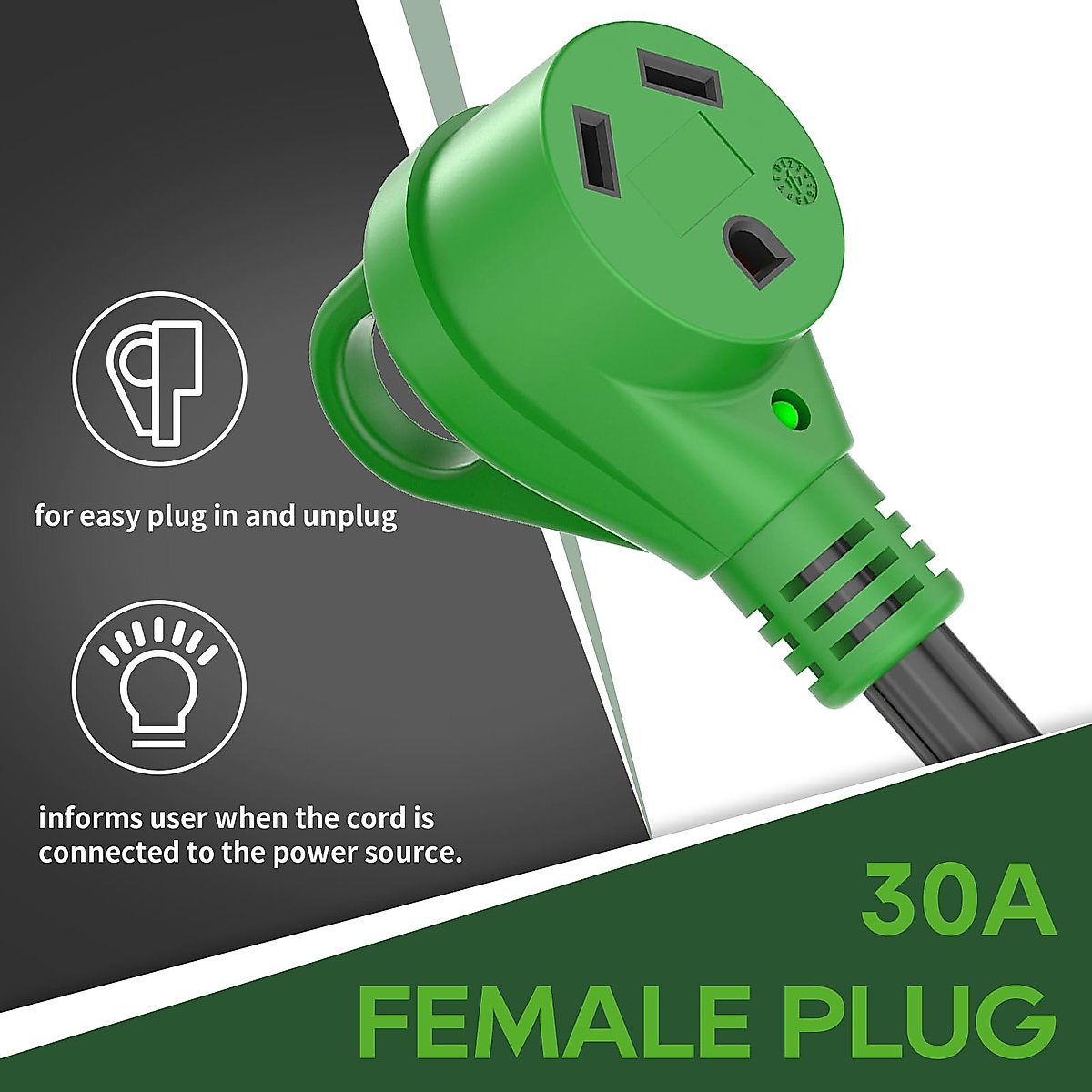 RVGUARD 3 Prong 30 Amp to 30 Amp RV Generator Adapter Cord 12 Inch STW 10/3, L5-30P Locking Male Plug to TT-30R Female with LED Power Indicator, Green