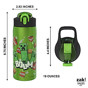 Zak Designs Minecraft Water Bottle for Travel and At Home, 19 oz Vacuum Insulated Stainless Steel with Locking Spout Cover, Built-In Carrying Loop, Leak-Proof Design (Creeper)