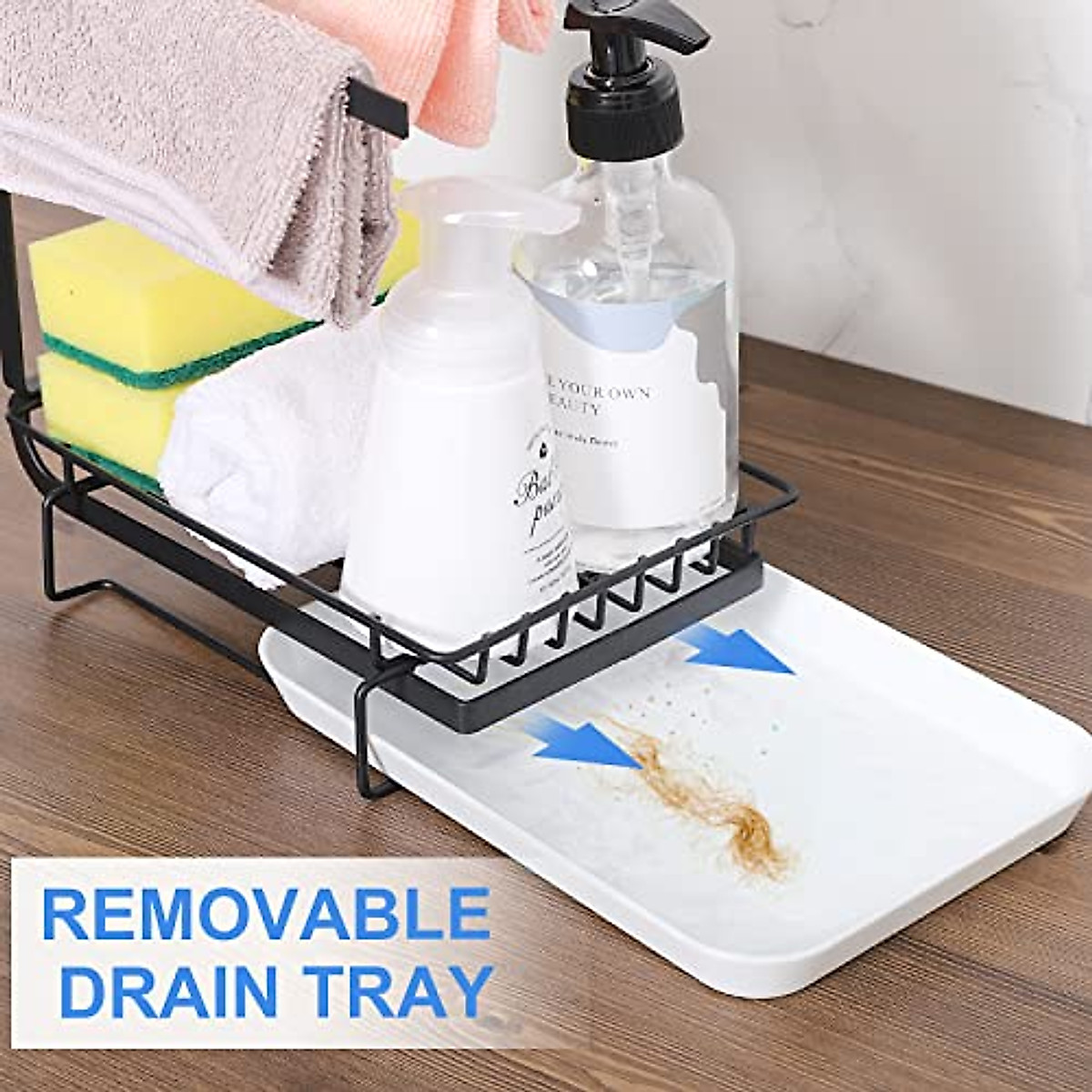 Sponge Holder with Drain Pan for Kitchen Sink Kitchen Towel Rack Sink Caddy Organizer for Dish Sponge Brush Soap Dishcloth Holder(Black)