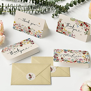 Artoid Mode 36 Pack Vintage Wildflower Thank You Cards Flower Greeting Cards Gift With Envelope Sticker Blank Note Cards for Birthday Wedding Baby Shower Bridal Shower, 4 x 6 Inch