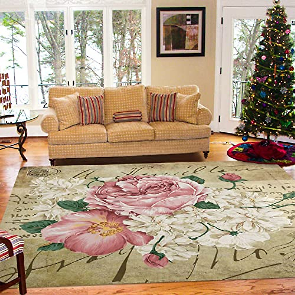 Oueoty Vintage Shabby Rose Flower Floral Area Rug Rugs for Living Room Bedroom 1.5x2.5ft/18x30in/45x75cm