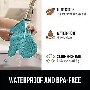 Gorilla Grip Silicone Oven Mitts Set of 2 and Silicone Baking Mats Set of 2, Silicone Oven Mitts are 14.5 Inch, Quarter Sheet Silicone Baking Mats, Both in Turquoise Color, 2 Item Bundle