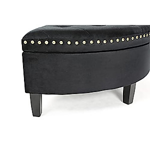 Iconic Home Jacqueline Half Moon Storage Ottoman Button Tufted Velvet Upholstered Gold Nailhead Trim Espresso Finished Wood Legs Bench Modern Transitional Black
