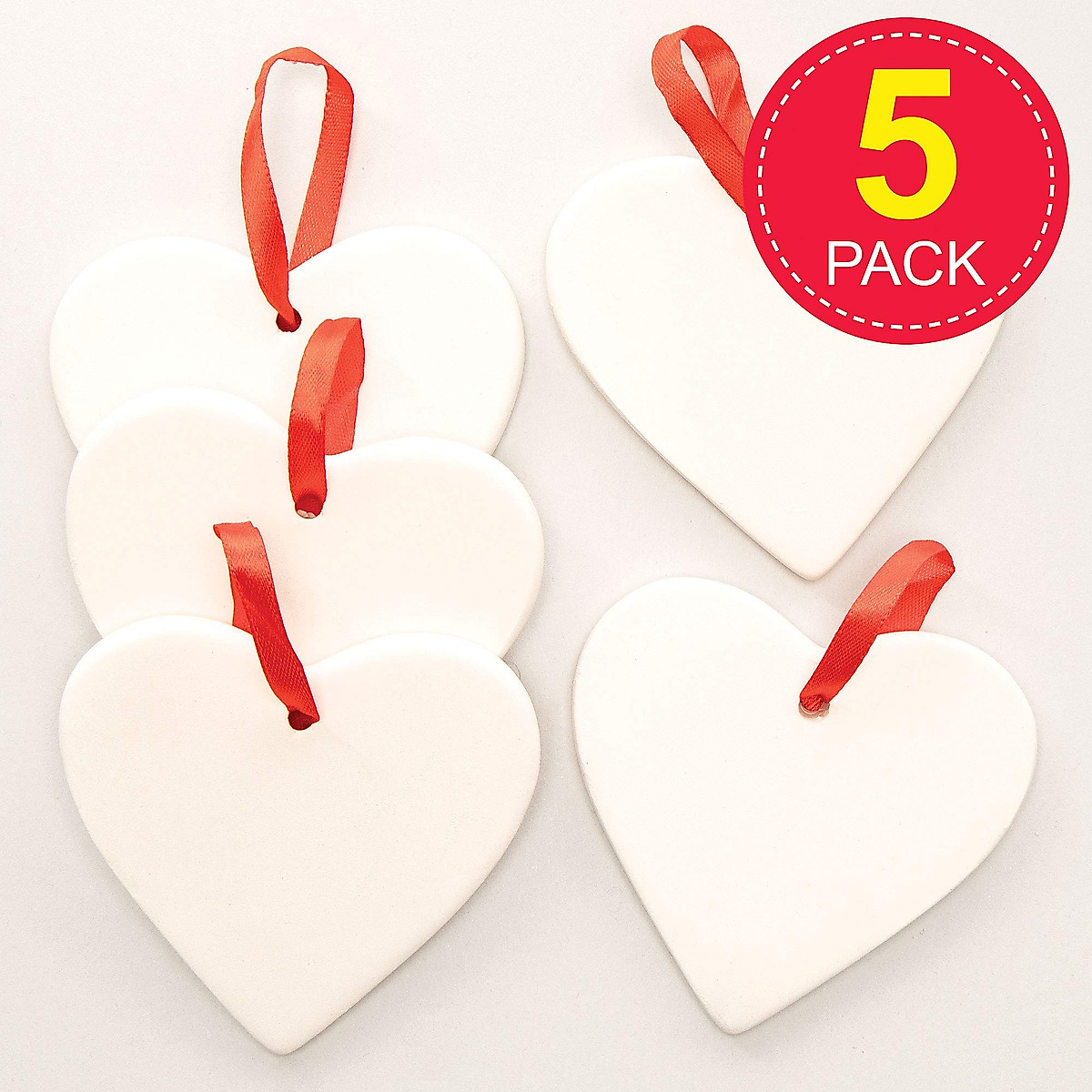 Baker Ross EV5425 Hanging Ceramic Heart Ornaments - Pack of 5, for Kids to Paint, Decorate and Display. Great for at Home Art Crafts