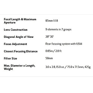 Canon EF 85mm f/1.8 USM Medium Telephoto Lens for Canon SLR Cameras - Fixed