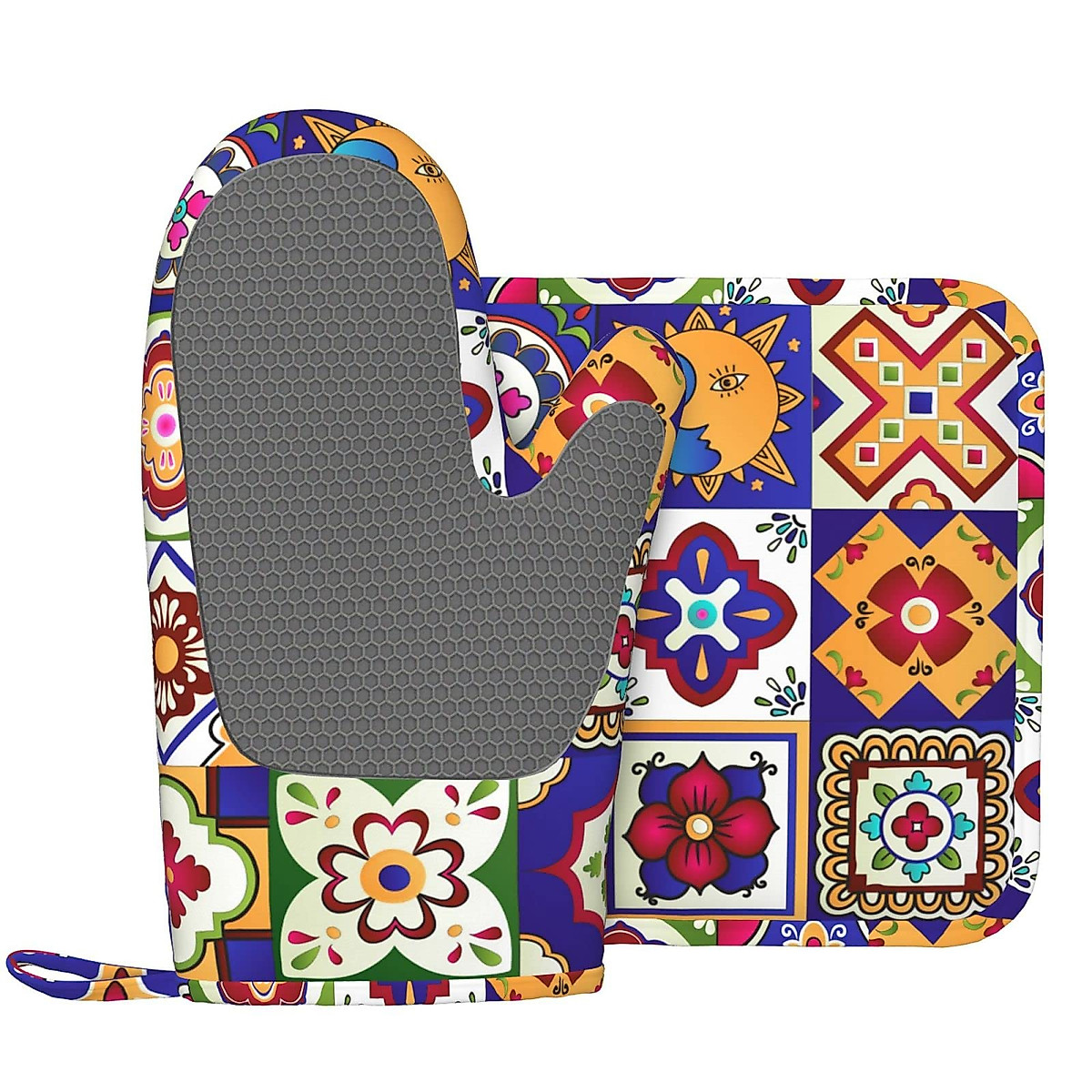 Oven Mitts and Potholders Colorful Geometric Ethnic Silicone Glove Heat Resistant, Kitchen Gloves for Cooking, 2-Piece Set