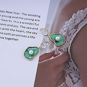 Sttiafay Vintage Lotus leaf Pearl Drop Earrings Green Lotus Leaf Earrings Green Enamel Flower Earrings Gold Irregular Pearl Earrings Jewelry for Women and Girls