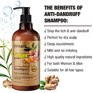 Ultikare Ginger Shampoo for Dandruff Hair, Anti-Dandruff Treatment - Itchy Dry Scalp Care Shampoo Ginger Extract Oil Strengthen Hair Formula, for Men and Women