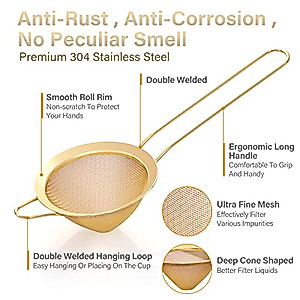 Eligara Fine Mesh Strainer with Handle - Copper Conical Strainers for Cocktail, Tea, Coffee & Drinks - Bar Stainless Steel High-Density Strainer Tool (Gold)