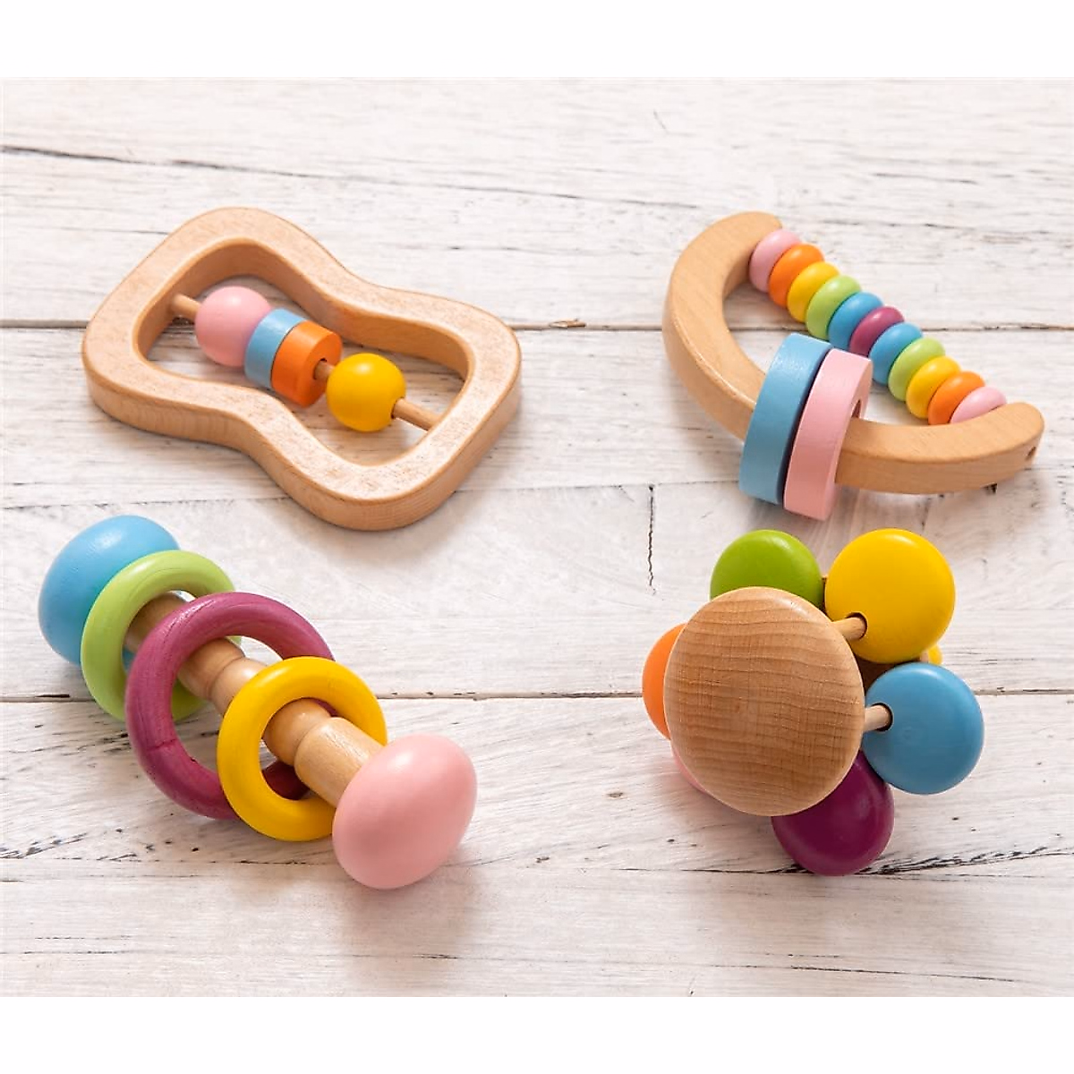 4pc Organic Colorful Baby Rattle Set Safe Food Grade Wood Rattle Soother Bracelet Teether Set Montessori Toddler Toy multicolored