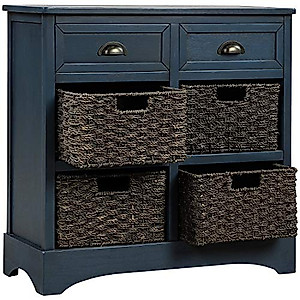 Harper & Bright Designs Accent Storage Cabinet, Rustic Storage Cabinet with 2 Drawers and 4 Classic Fabric Basket for Kitchen/Dining Room/Entryway/Living Room, Antique Navy