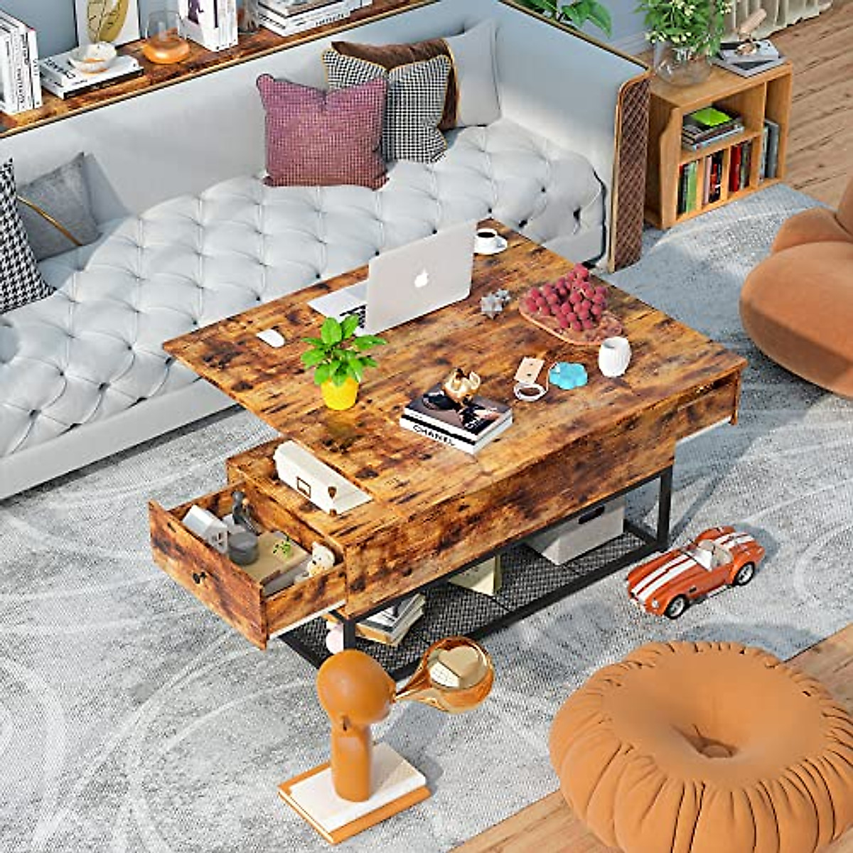 KCRET 43" Lift Top Coffee Table, 3 in 1 Multi-Function Coffee Table Modern Coffee Lift Table Dining Table with 2 Storage Drawers and Hidden Compartment for Living Room Reception Room (Rustic Brown)