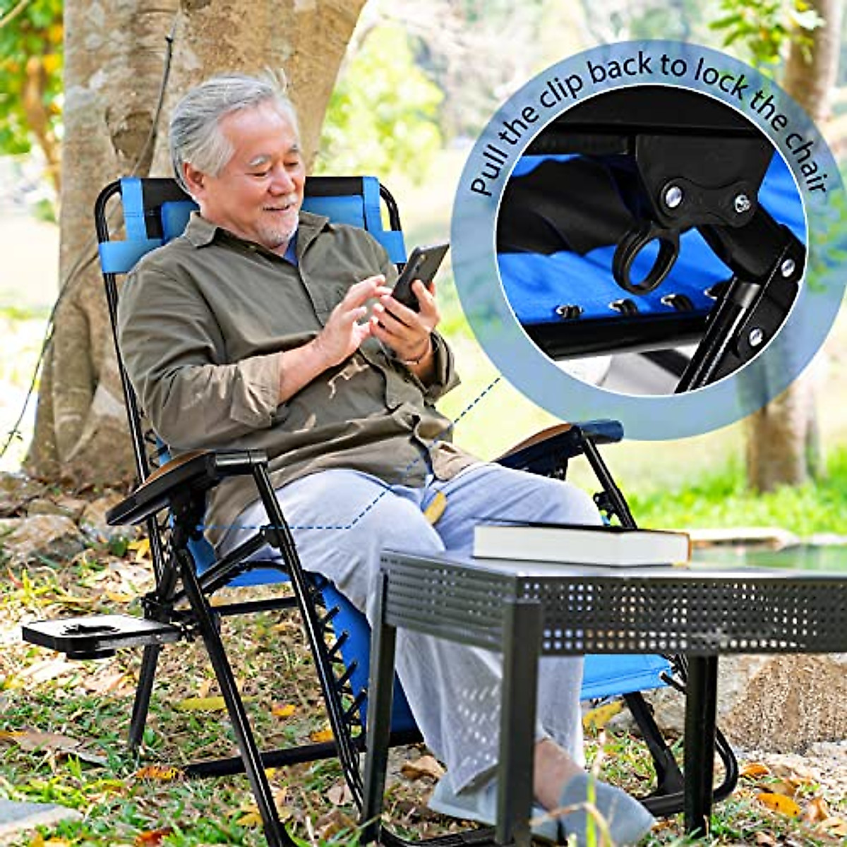 Cecarol XL Oversized Reclining Patio Chair, Zero Gravity Outdoor Lounge Chair Padded Seat, Portable Folding Lawn Recliner with Adjustable Headrest & Cup Holder for Camping, Support 350lbs - Blue