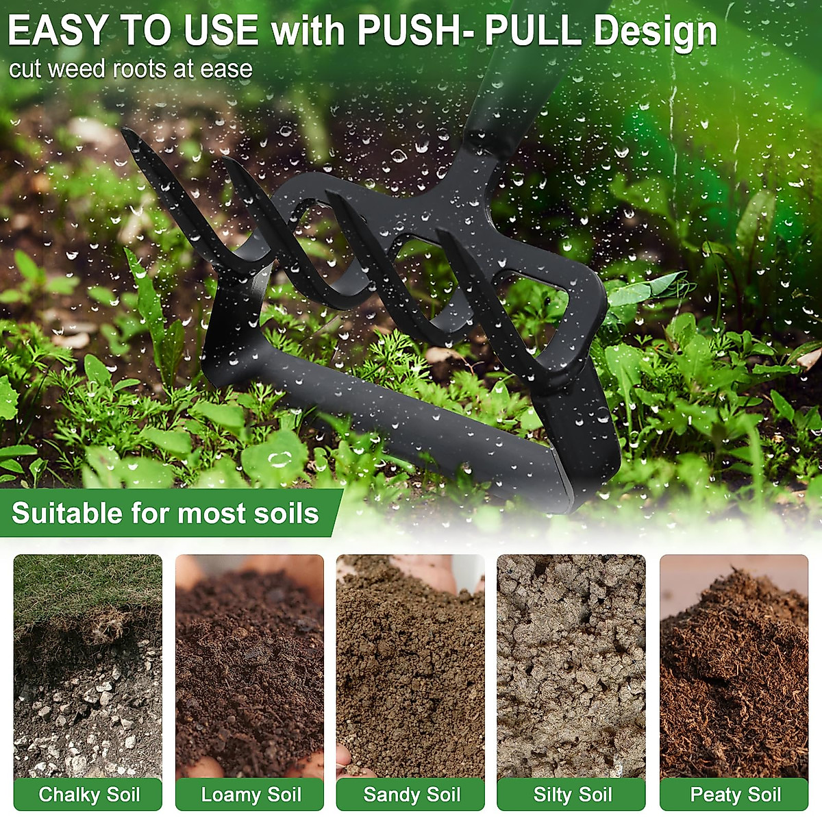 Garden Hoe Cultivator Weeding Tool, Stirrup Hoe Rake with 62" Adjustable Long Handle Stainless Steel Heavy Duty Hula Hoe Tiller for Flower Beds, Patio, Garden Loosening Soil Weeding Digging (Black)