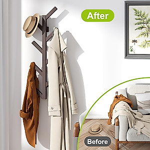 BMOSU Wall Mounted Coat Rack Coat Tree Hat Tree on The Wall with 8 Hooks Coat Rack for Hats Jackets Bags Scarves for Entrance Living Room(Black)(Brown)