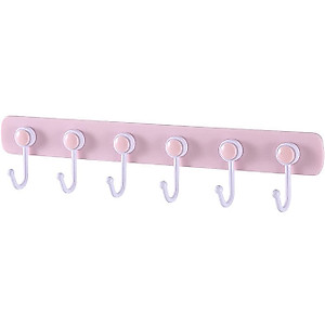 Adhesive Wall Hooks with 6 Rotating Hooks, Pink Rack Wall Hooks for Hats and Coats, Perfect for Hanging Kitchen Utensils and Towels in Kitchen and Kids Bedroom(1PACK)