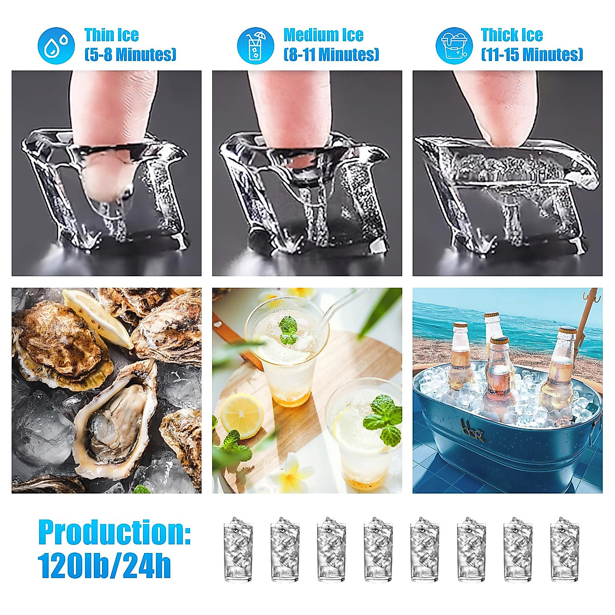 Towallmark Commercial Ice Maker Machine, 120Lbs/24H, 45Lbs Storage Bin, 0.9Inch Thick Ice Cube Ice Machine Automatic Cleaning Function Ideal for Home, Bar, Hotel, Restaurant