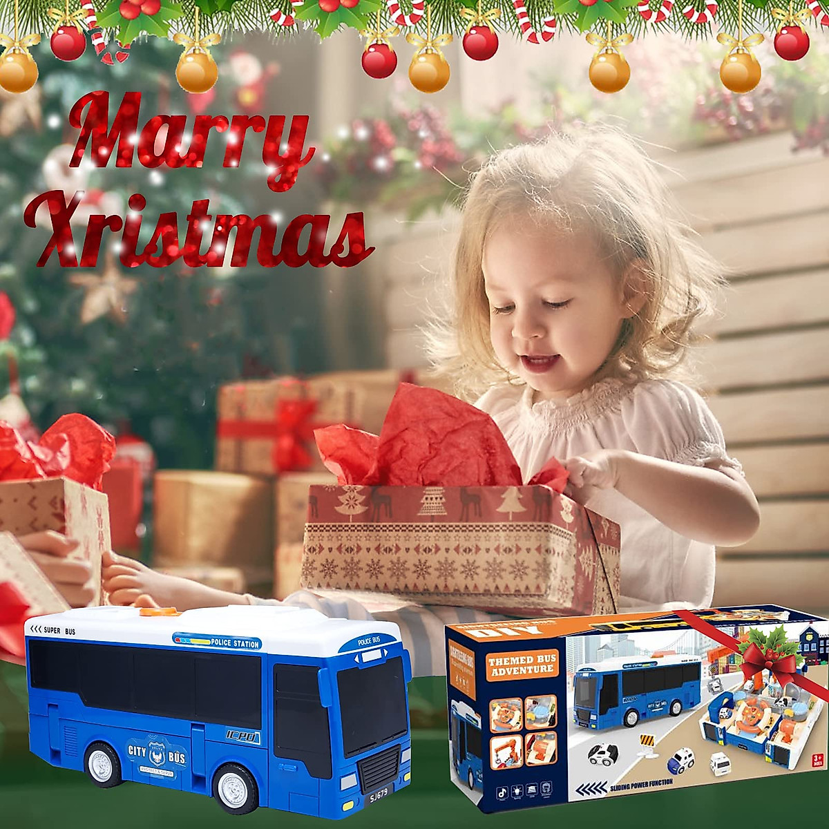 Itcaoseklu Race Track Car Adventure Bus Toys, Tranforming Bus with Sound and Light Simulation Steering Wheel,Vehicle Toy Gift for 3 4 5 6 7 8 Year Old Kids Boys Girls, Blue