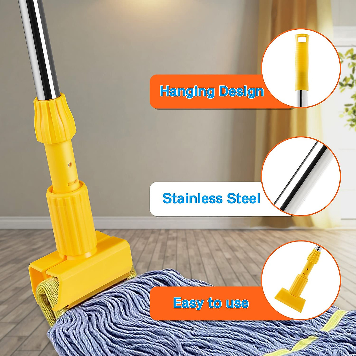 Tiemlet Mop Handle Commercial Heavy Duty - 62-inch Stainless Steel Metal Commercial Mop Stick, Adjustable for Industrial & Household Floor Cleaning, Clamp Mop Handle Quick Change for Wet Mop