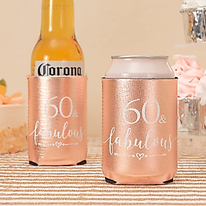 Crisky 60th Birthday Can Cooler for Women 60th Birthday Decorations Rose Gold 60 Fabulous Can Berverage Beer Sleeve Party Favor, Insulated Can Coolies 60th Birthday Gift Idea for Her 12 Pack