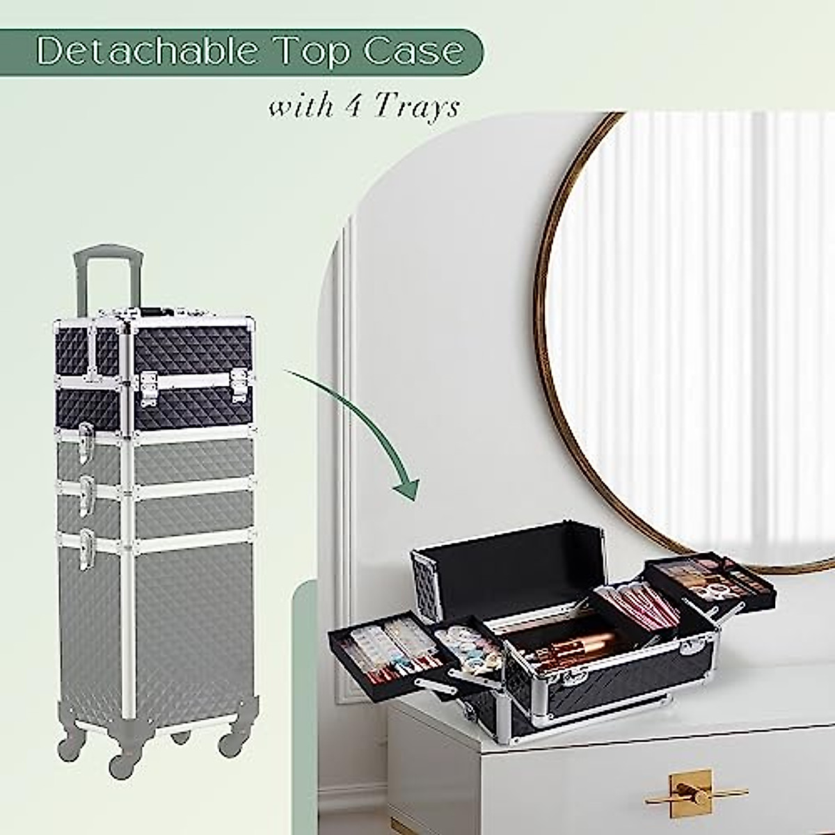 Yueieoun Professional Rolling Makeup Case with Wheels 4-in-1 Makeup Trolley, Cosmetic Train Case Makeup Cart Travel Trolley with Key for MUA, Hairstylists, Nail Tech, Black