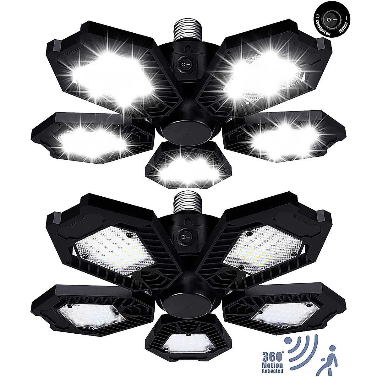 Led Garage Lights, Motion Sensor Garage Light 2 Pack, UL Listed 150W 15000LM Garage Lights Ceiling Led, Ultra Bright Motion Activated Garage Light with 5 Adjustable Panels for Attic, Basement