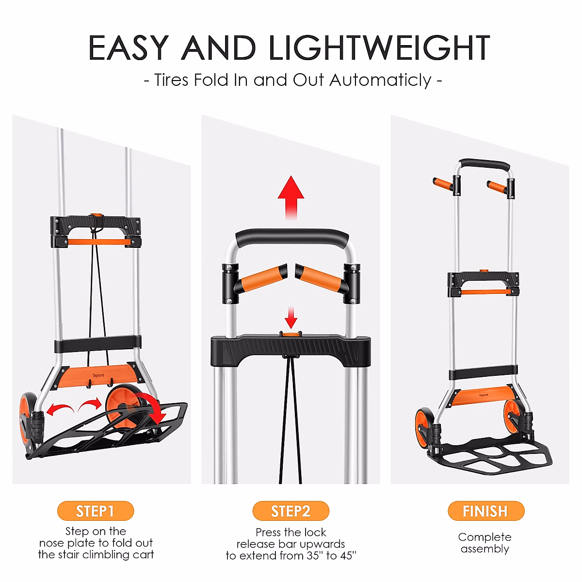Teprovo Dolly Cart, 309 lb Aluminum Folding Hand Truck with Swivel Handle, Heavy Duty Utility Dolly Foldable Trolley with Elastic Cord, 7 Inch Wheels for Moving, Warehousing, Shopping and More