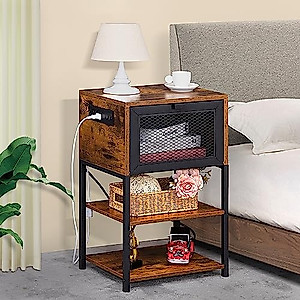 LEBOAHOUS Nightstand with Charging Station and USB Port, 3 Tier Industrial Night Stand, Bedside Table with Flip Storage Drawer and Open Shelf, End Side Table for Bedroom, Office, Dorm 26.2''H (Brown)