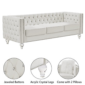 mikibama Velvet Sofa Couch 83 Inch Long Modern Sofa with Acrylic Legs and 2 Pillows, Jeweled Buttons Tufted Couch Modern Decor Furniture for Living Room, Bedroom (Beige)