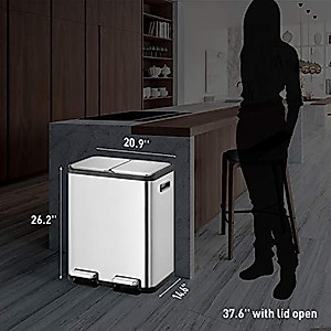EKO EcoCasa 30L+30L Dual Trash Can with Recycle Bin, Stainless Steel Independent Pedals and Lids, 2 x 8 Gal Trashcans for Kitchen, Soft Close, Fingerprint Resistant