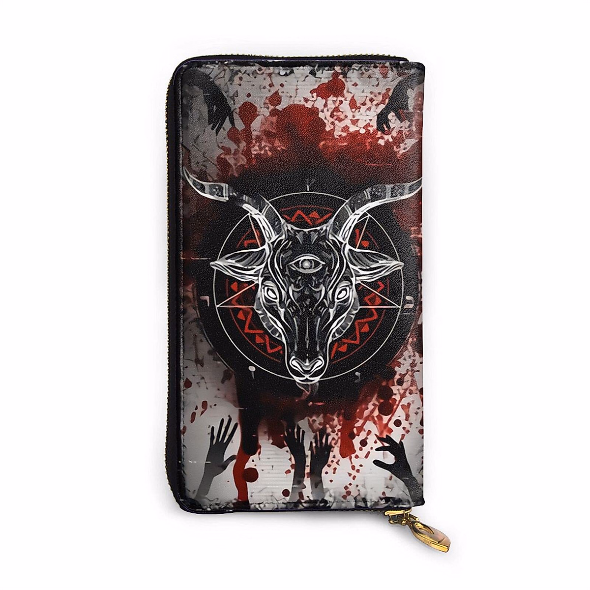 YANGDADA Pentagram With Demon Baphomet Satanic Goat Head Cowhide Leather Clutch Print Long Wallet For Women Purse Ladies Organizer Zip Around Cards Phone Holder