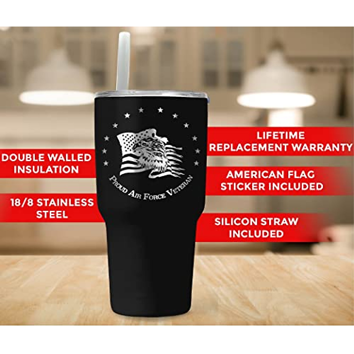 US Air Force Veteran 30oz Patriotic Tumbler - American Flag Tumbler Travel Mug - Patriotic Coffee Travel Mug - Double Insulated 30oz Tumbler - Engraved in the USA - (Air Force Veteran)