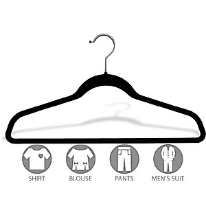 Black Velvet Ultra Thin Slimline Hanger with Fixed Bar, Space Saving Flocked Suit Hangers with Chrome Hook (Set of 25) by The Great American Hanger Company
