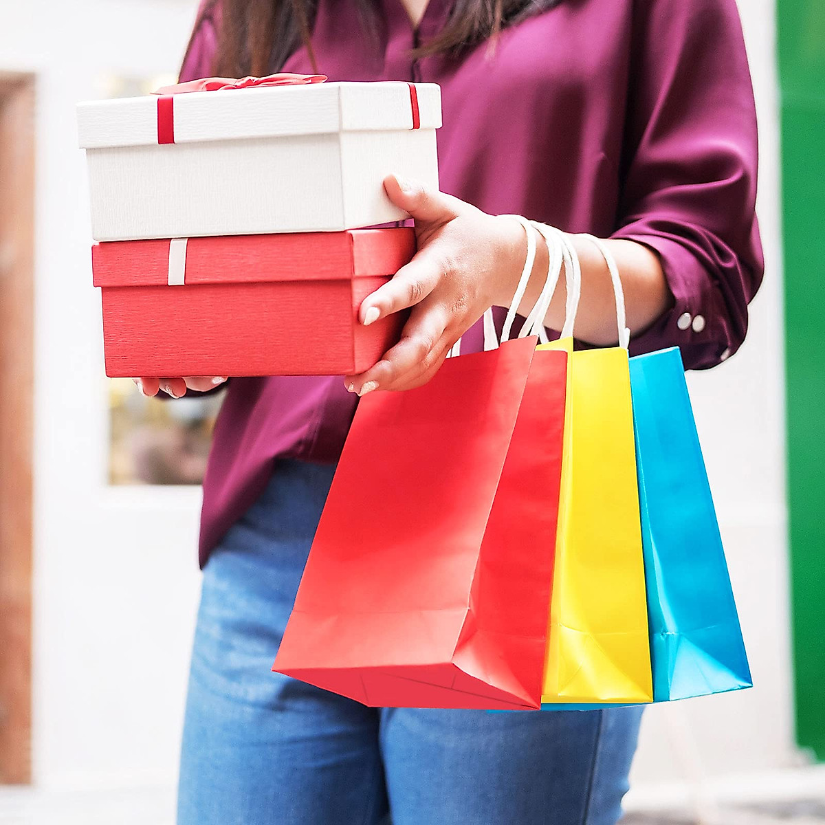 48 Pieces Gift Bags Bulk, 8 Colors Kraft Paper Party Favor Bags with Handle, Rainbow Goodie bags for Birthday, Gift, Wedding, Baby Shower, and Celebrations, Medium 8 * 4.75 * 10"