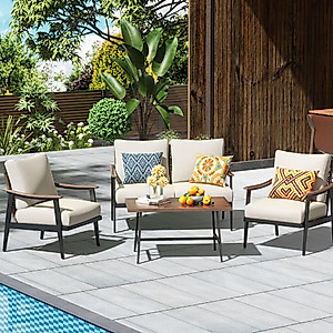 NATURAL EXPRESSIONS 4 Pieces Patio Furniture Set, Outdoor Furniture Sofa Sectional Modern Metal Patio Conversation Set with High Back Wicker Backrest & Loveseat for Balcony, Backyard, Deck, Porch
