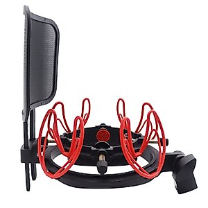 SUUNTOK Microphone Shock Mount with Pop Filter Universal Shock Stand for Microphones Size at 21-62mm Anti-Vibration Mic Holder Clip Compatible with AT2020 MXL 990 770 Rode NT1-A Neumann 103(Red)