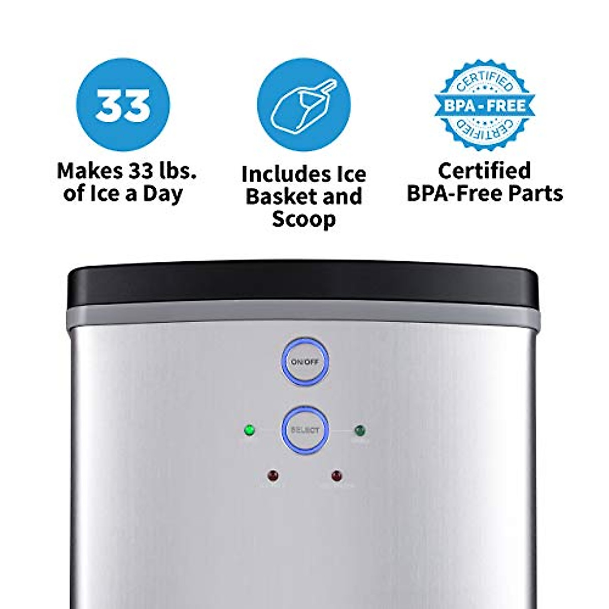 Newair Portable Countertop Ice Maker, Silver | 33 lbs. Of Ice A Day, Ice Cubes Ready In 8 Minutes With 2 Ice Bullet Sizes | Ideal For Home, Office, Bar, RV NIM033SS00