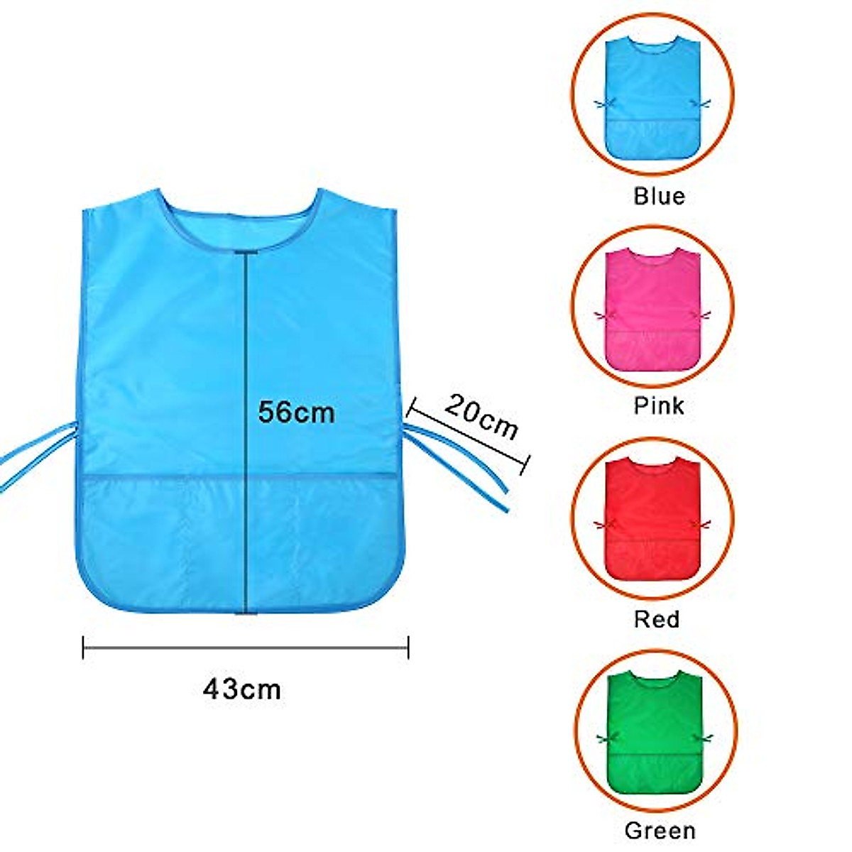 Pllieay 4Pcs 4 Colors Water Resistant Kids Art Smocks with 3 Pockets, Middle Size Children Artist Painting Aprons for Classroom, Kitchen Community Event, Crafts & Art Painting Activity, 5-10 Years