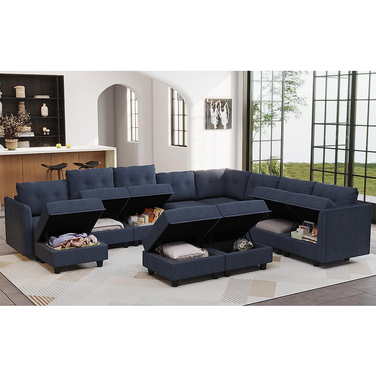 LLappuil Modular Sectional Sofa with Storage Oversized U Shaped Couch with Reversible Chaise Luxury Velvet Sofas for Living Room 9 Seats with 2 Ottomans Denim Blue