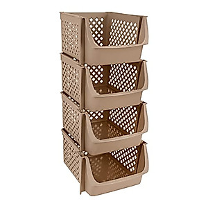 Spec101 Plastic Stackable Storage Bins - 4pc Tan Closet Organizer Bins 28in Tall Big Plastic Boxes for Home and Kitchen